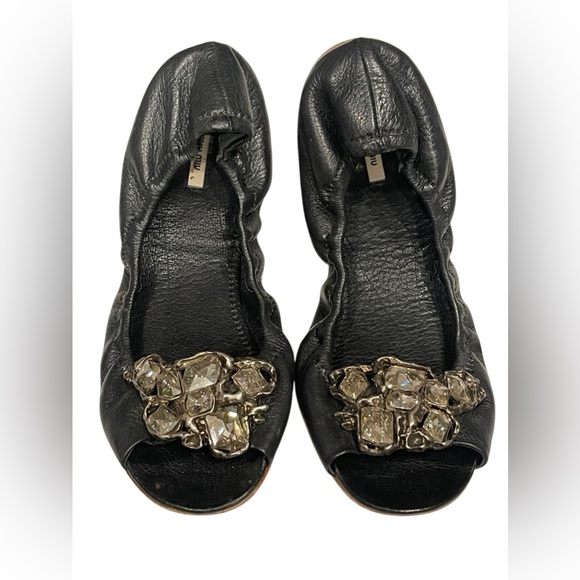 Shoes | Miu Miu Blue Leather Crystal Embellished Open Toe Scrunch Ballet Flats Size 38 | Poshmark